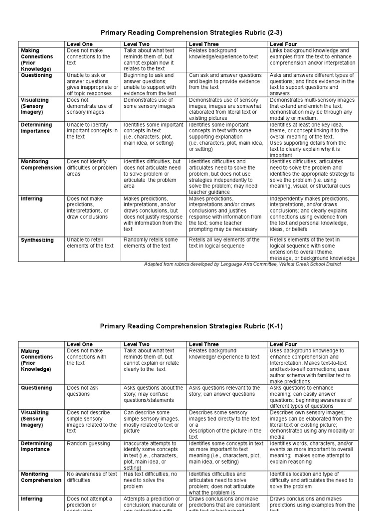 Strategy Rubrics | Reading Comprehension | Perception