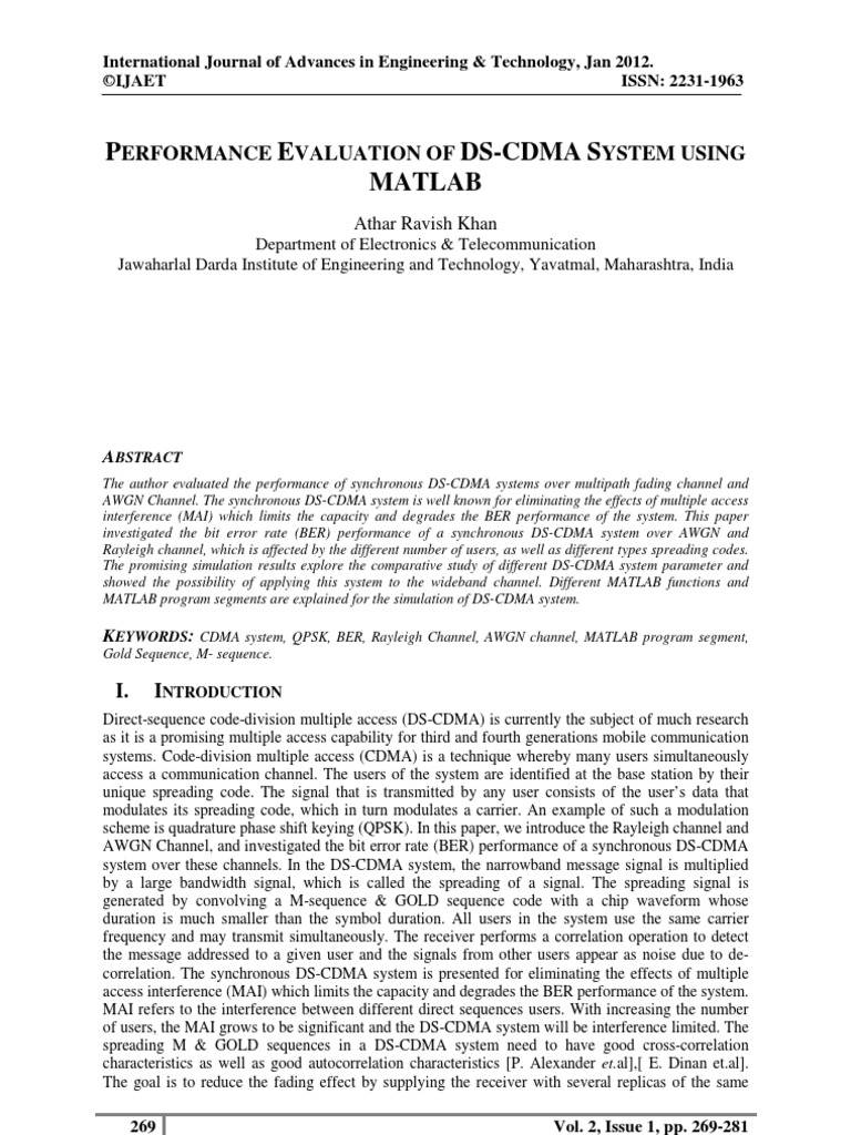 Performance Evaluation of Ds-Cdma System Using Matlab | PDF | Modulation | Channel Access Method