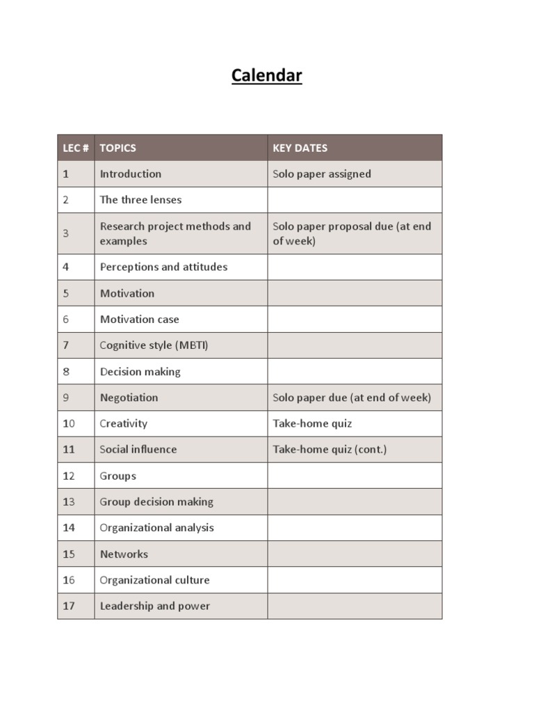 Organizational Behavior Course Calendar | PDF