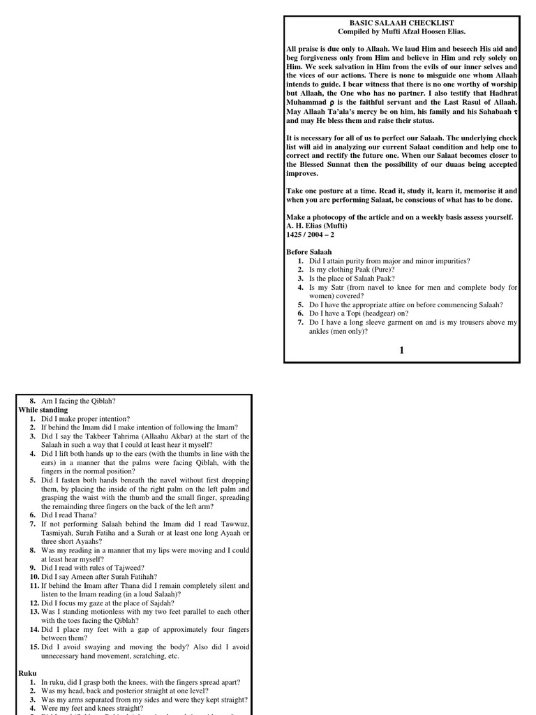 Salaah Checklist | PDF | Hand | Salat