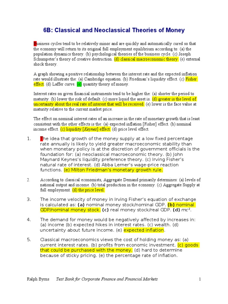 6B: Classical and Neoclassical Theories of Money: Test Bank For ...