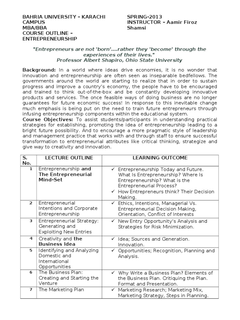Course Outline Entrepreneurship | PDF | Entrepreneurship | Strategic ...