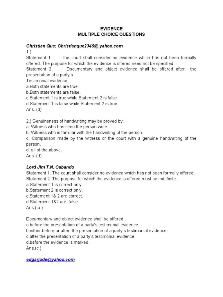 Evidence Multiple Choice Questions | PDF | Evidence (Law) | Notary Public