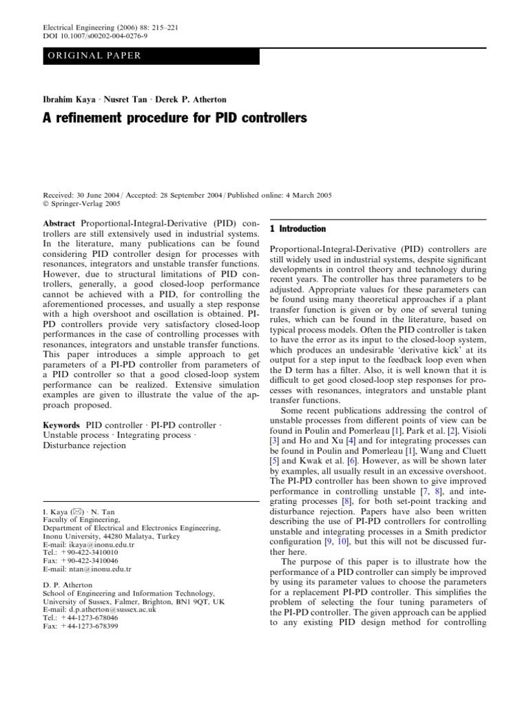 A Refinement Procedure For PID Controllers | PDF | Control Theory | Engineering