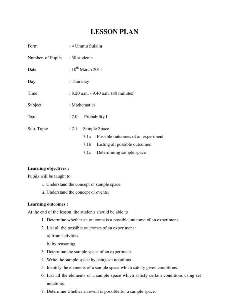Probability I Form 4 - Lesson Plan | PDF | Lesson Plan | Teachers
