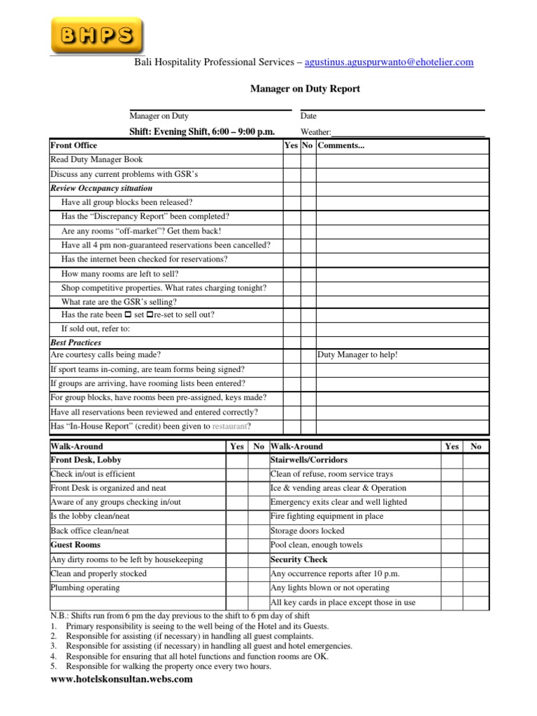 Hotel Manager On Duty Report 1 Template | PDF | Hotel And Accommodation ...