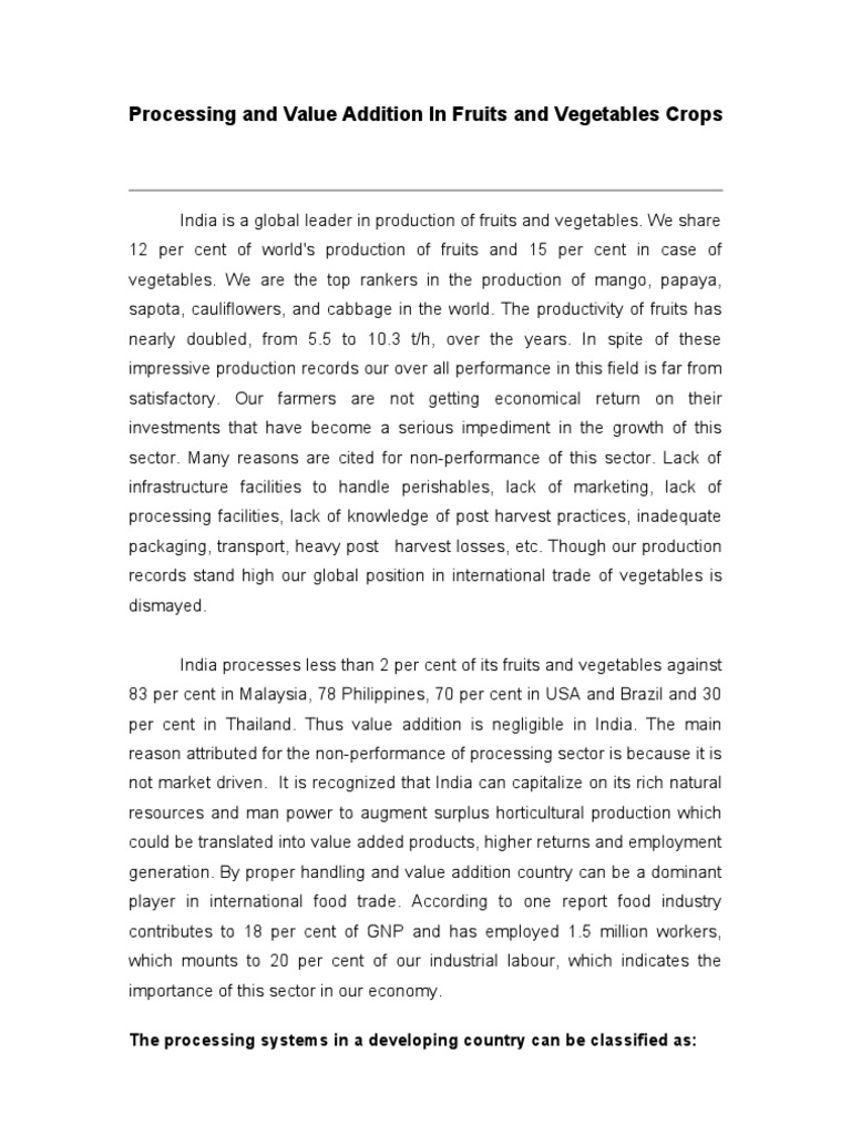 Processing and Value Addition in Fruits and Vegetables Crops | PDF ...