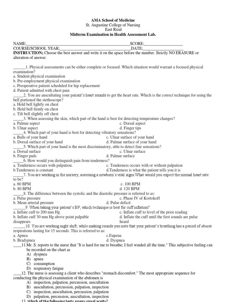 Comprehensive Midterm Examination in Health Assessment: Answers and ...