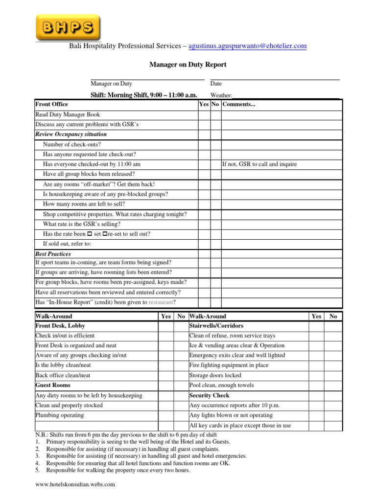 Hotel Manager On Duty Report 2 Template | PDF | Hotel And Accommodation ...