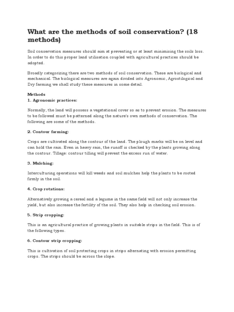 Methods of Soil Conservation 18 Methods | PDF | Agriculture | Tillage