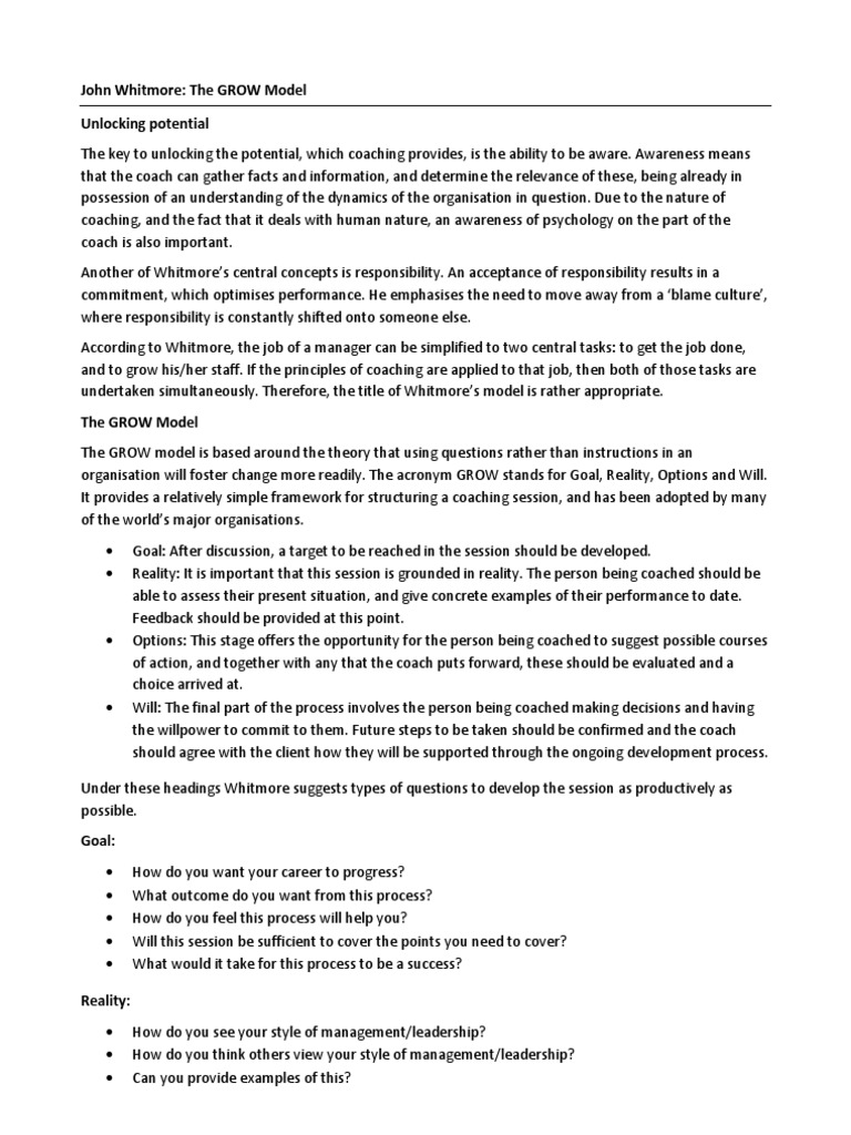 John Whitmore: The GROW Model Unlocking Potential | PDF | Neuro ...