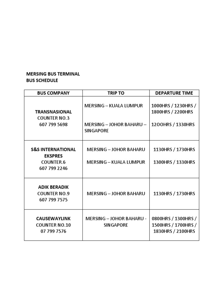 Mersing Bus Schedule | PDF