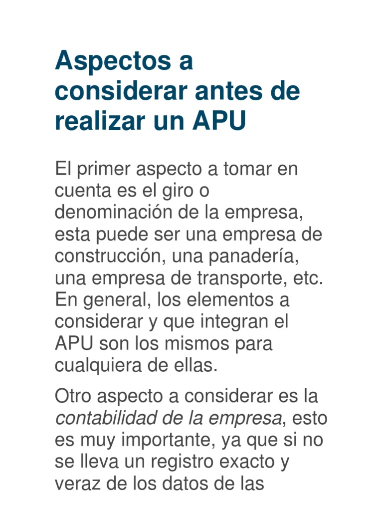 Aspectos A Considerar Antes de Realizar Un APU | PDF