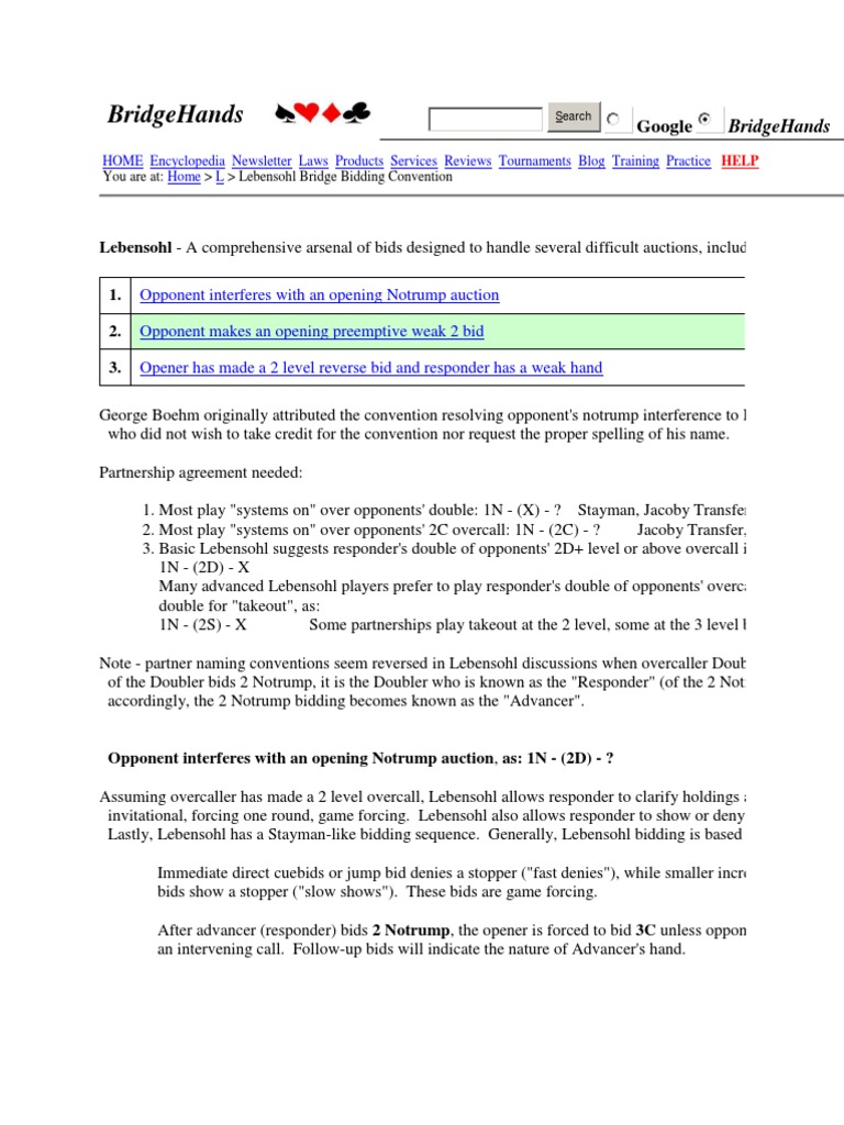 Lebensohl | PDF | Plain Trick Games | Contract Bridge