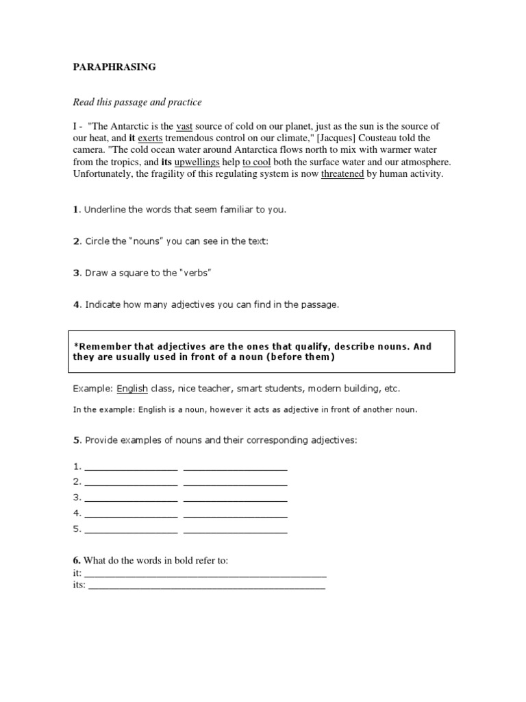 Read This Passage and Practice: Paraphrasing | PDF | Language Arts ...