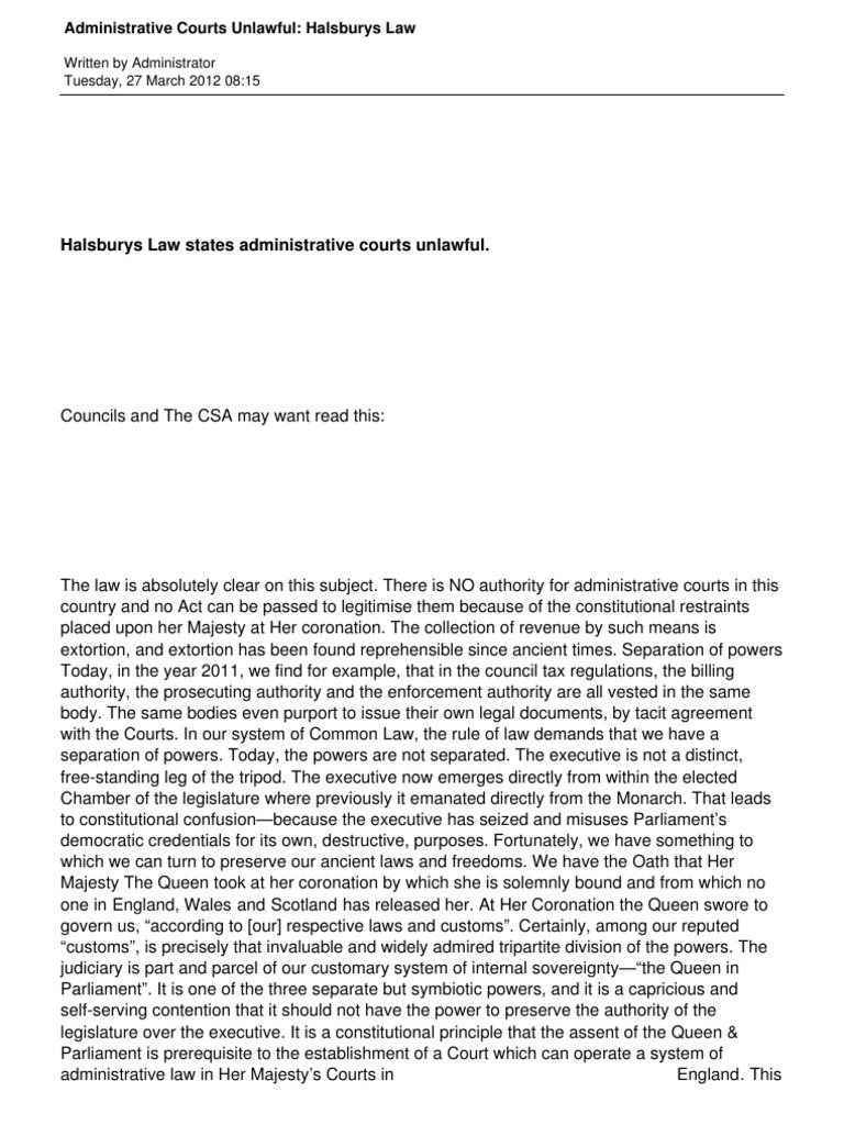 Administrative Courts Unlawful Halsburys Law | PDF | Administrative Law | Separation Of Powers