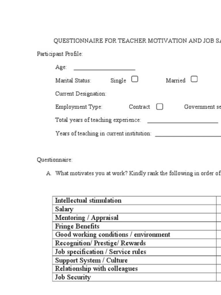 Questionnaire For Teacher Motivation and Job Satisfaction | PDF | Job ...