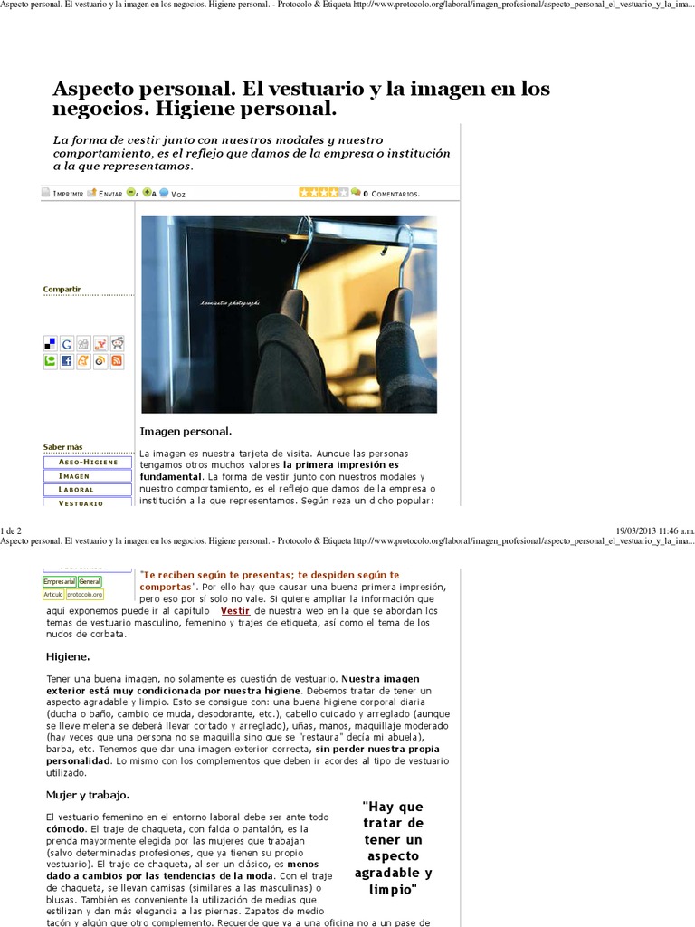 Aspecto Personal. El Vestuario y La Imagen en Los Negocios. Higiene ...
