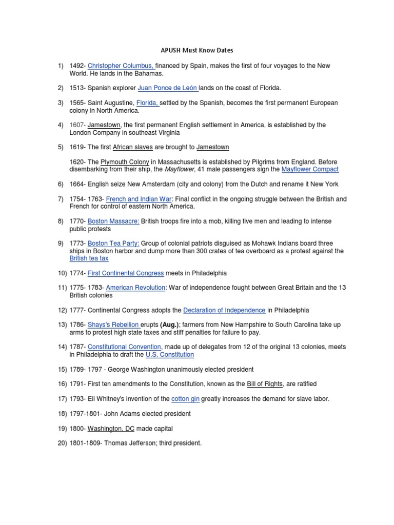 APUSH Must Know Dates | PDF | Presidents Of The United States ...