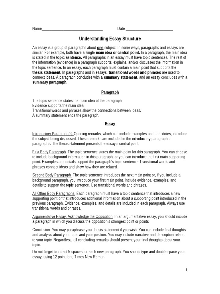 Essay Structure Activity Sheet | PDF | Paragraph | Essays
