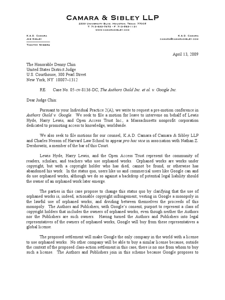 Letter to Request Intervention in Author's Guild v Google | Fair Use ...