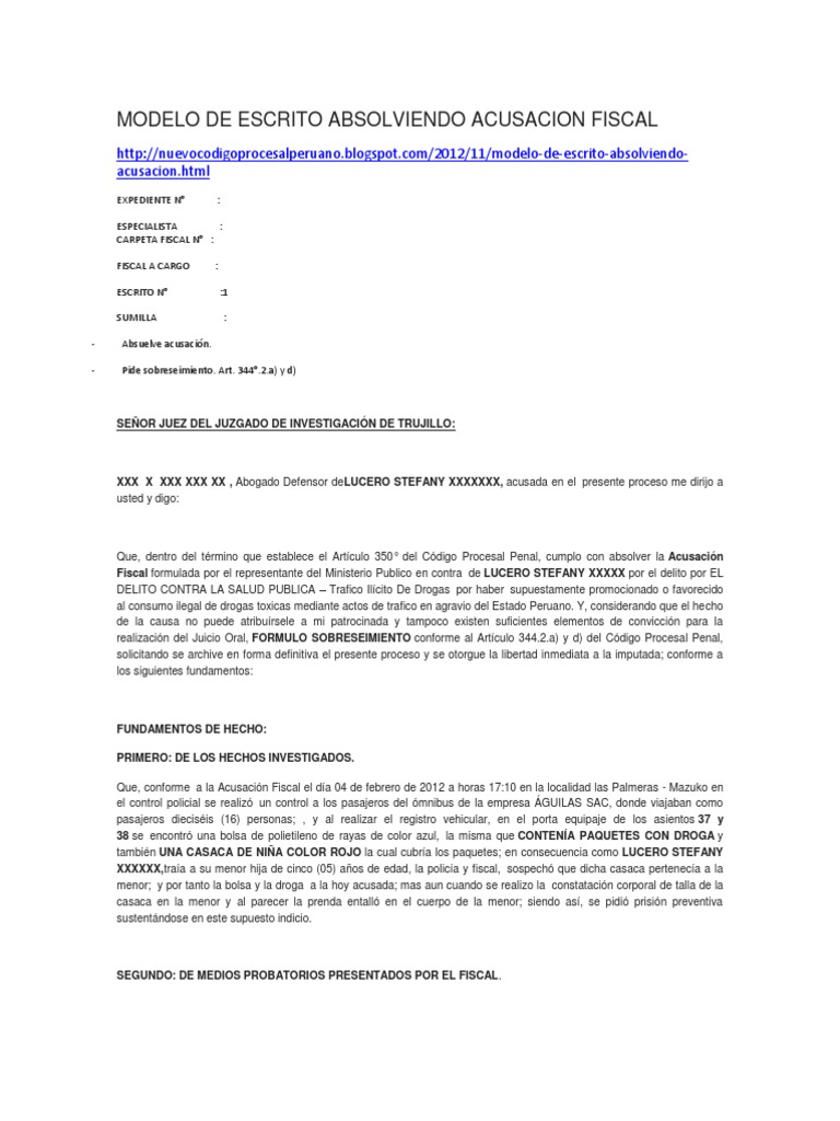 Modelo de Escrito Absolviendo Acusacion Fiscal | PDF | Procedimiento ... Modelo de Escrito Absolviendo Acusacion Fiscal | PDF | Procedimiento ...