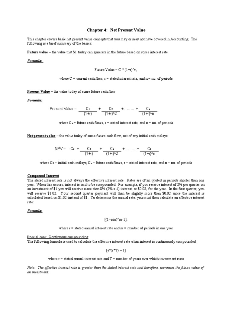 Chapter 4: Net Present Value: Formula | PDF | Present Value | Net ...