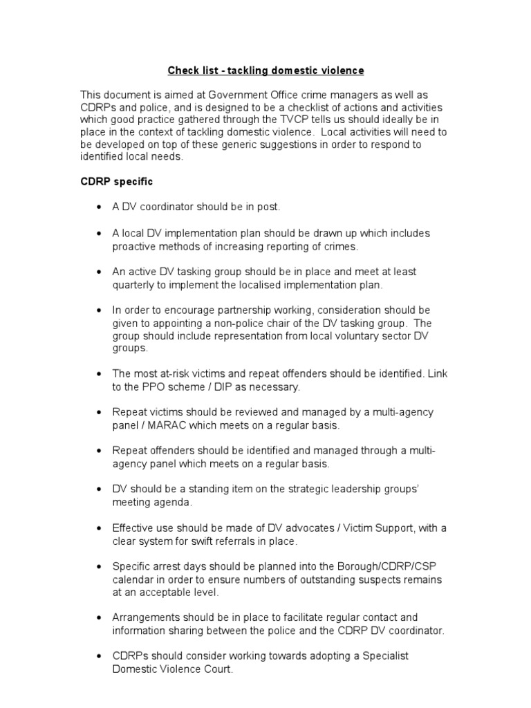 Domestic Violence Action Checklist | PDF | Criminal Justice | Crime ...