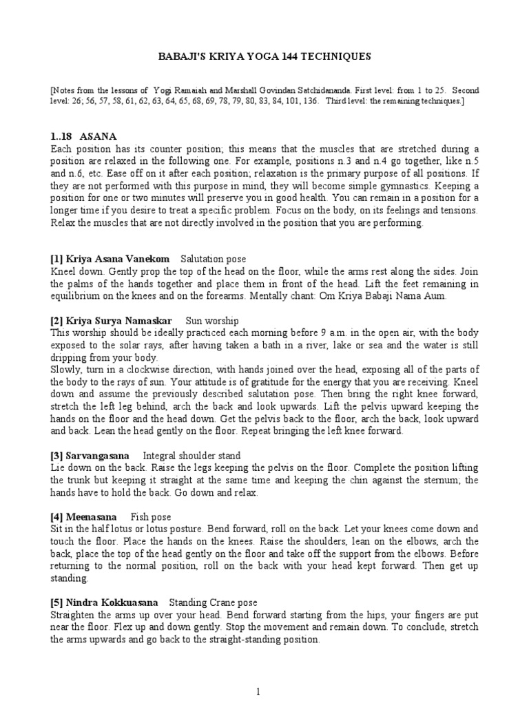 Babaji's Kriya Yoga 144 Techniques Marshall Govindan Satchidananda ...