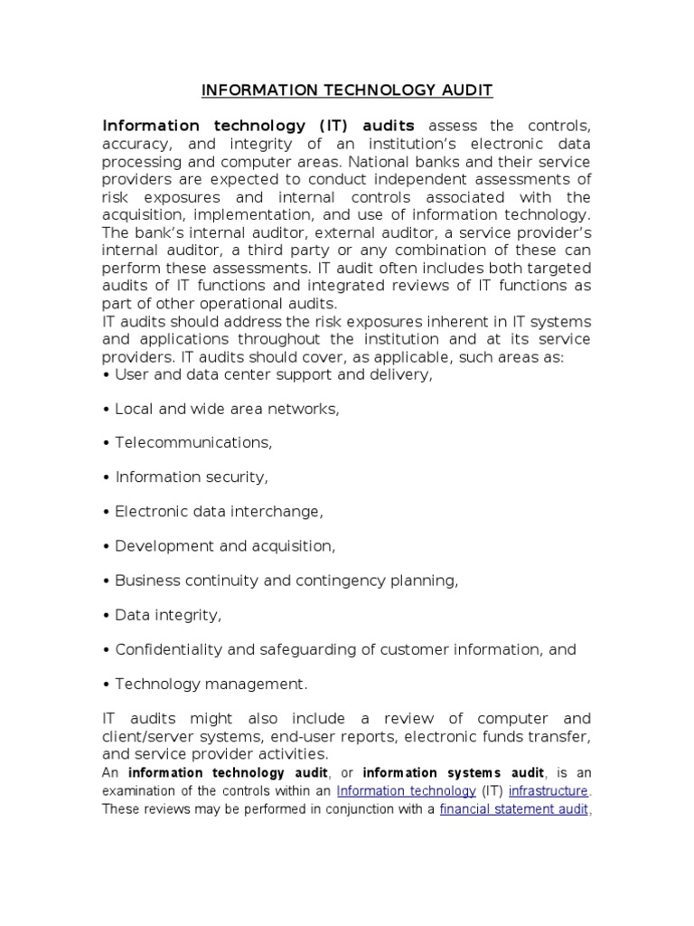 Information Technology Audit Information Technology (IT) Audits Assess ...