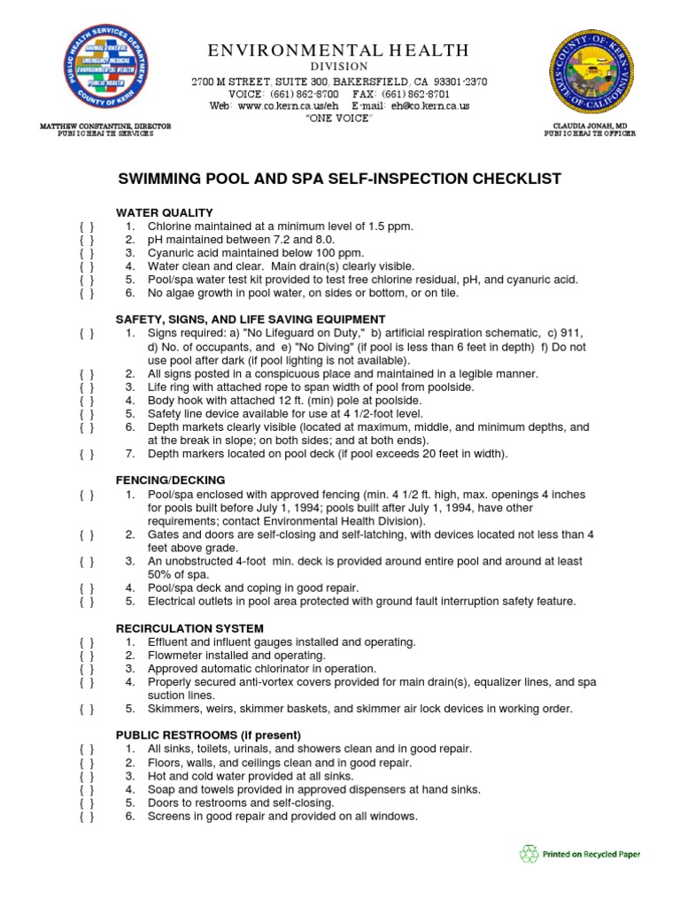 Kern County Pool Safety Checklist | PDF | Swimming Pool | Public Toilet