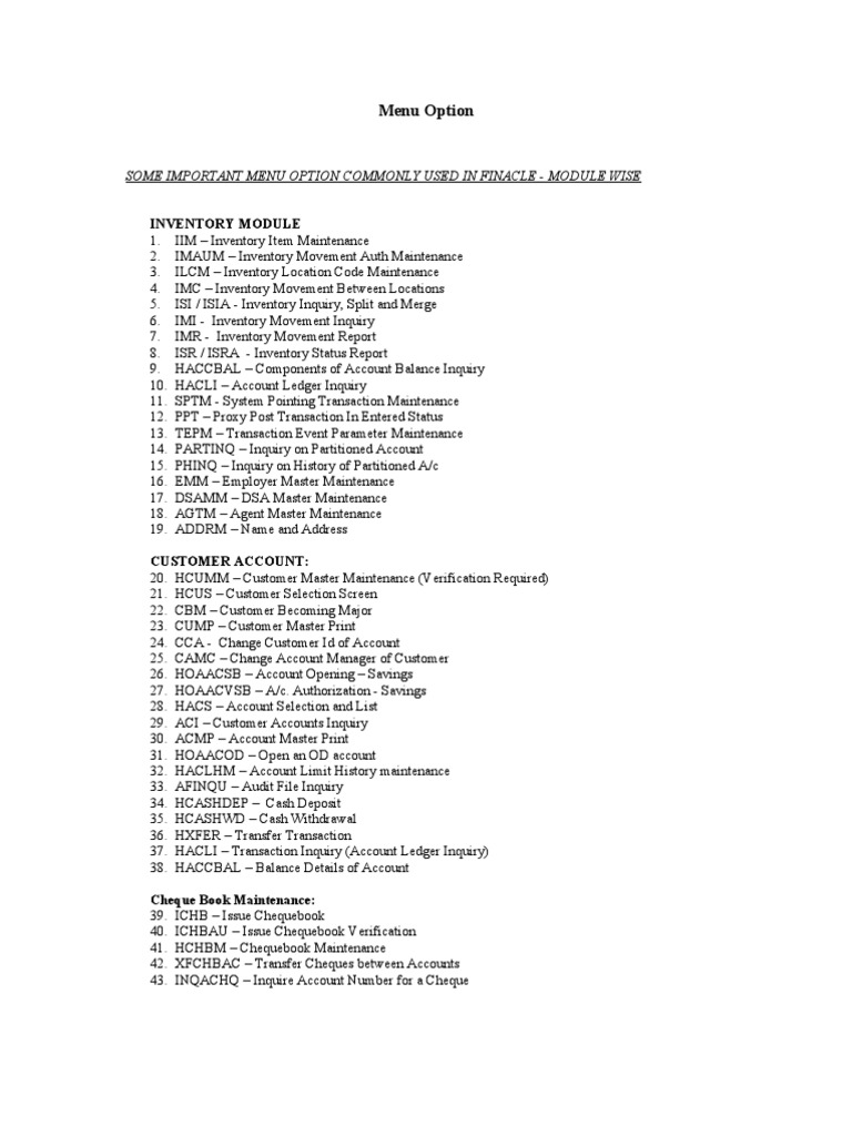 Finacle Menu Options | PDF