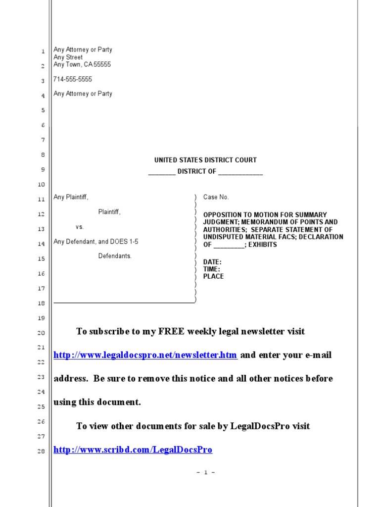Opposition to Summary Judgment Motion | PDF | Summary Judgment | Cause ...