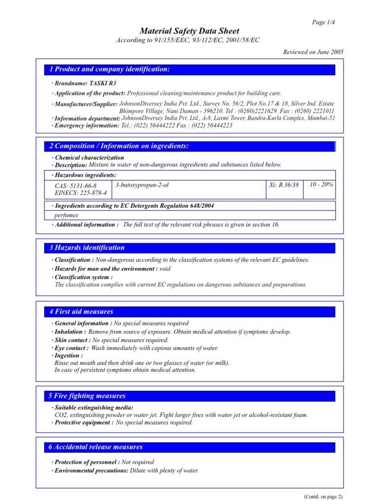 Taski R3 MSDS | PDF | Safety | Chemistry