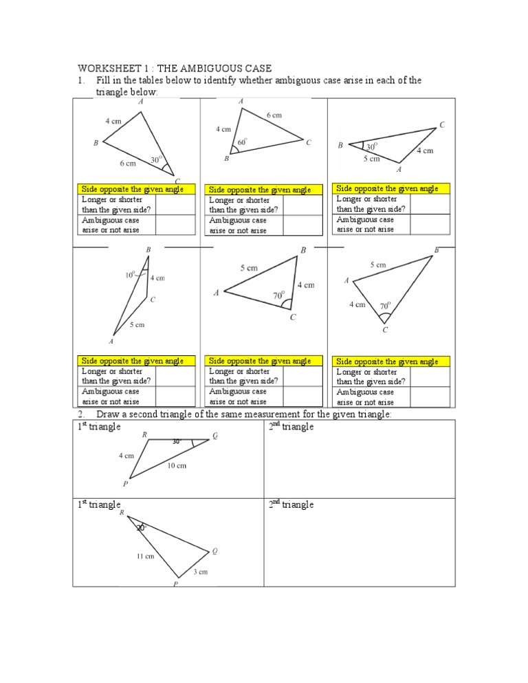 Worksheet 1: The Ambiguous Case 1. Fill in The Tables Below To Identify ...