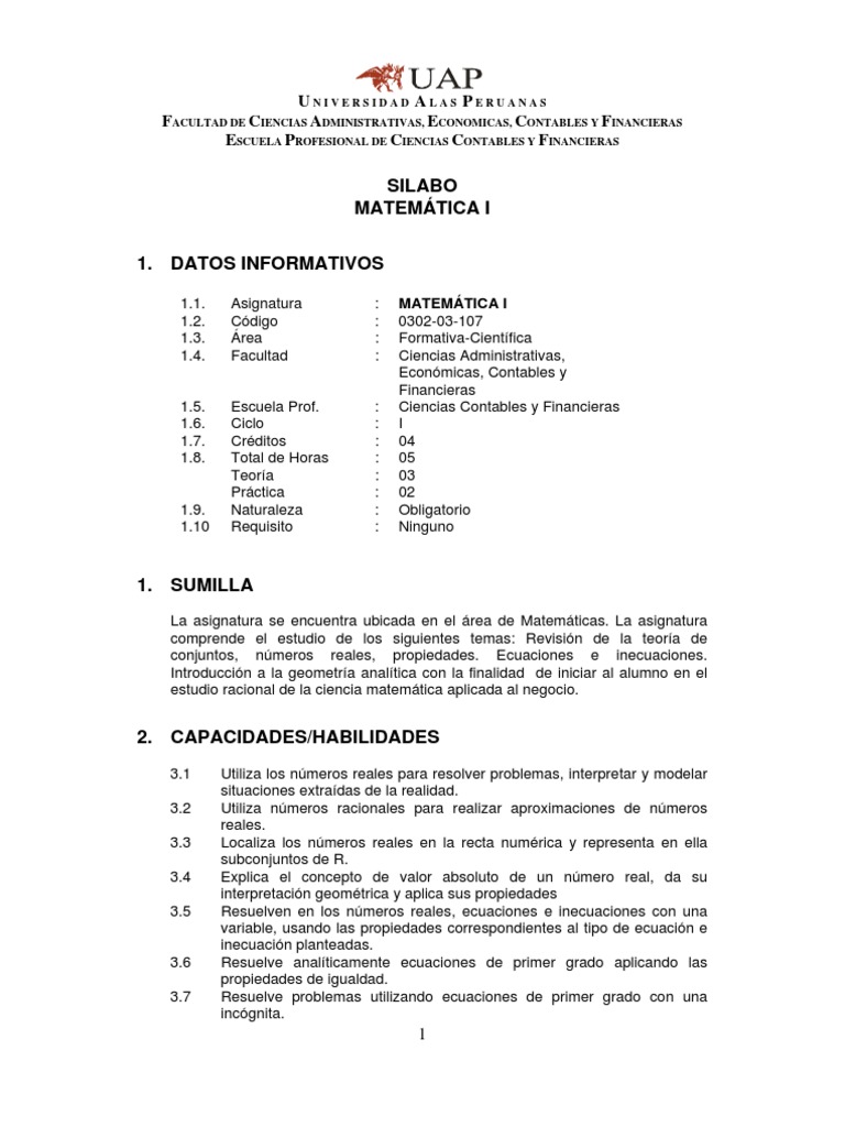 Silabo Matematica | PDF | Número Real | Ecuaciones