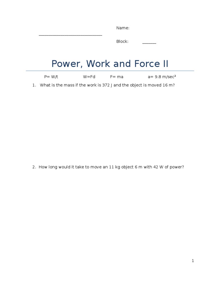 Power, Work, and Force Calculations | PDF