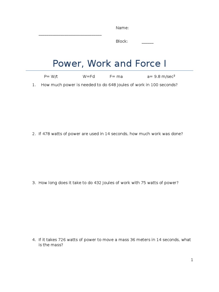 Power, Work, and Force Problems | PDF