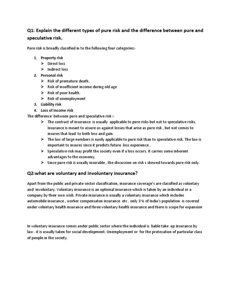 Q1: Explain The Different Types of Pure Risk and The Difference Between ...