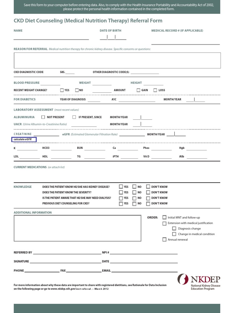 Kidney Diet Referral Form MNT 508 | PDF | Chronic Kidney Disease ...
