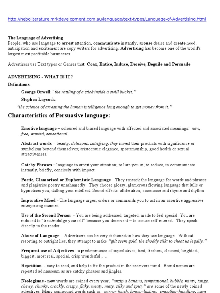 Language Techniques in Advertising | PDF | Advertising | Poetry