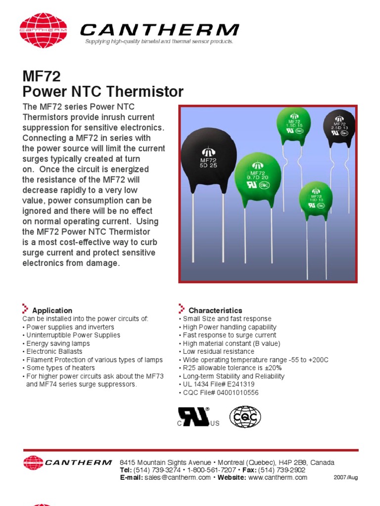 MF72 Power NTC Thermistor Overview | PDF