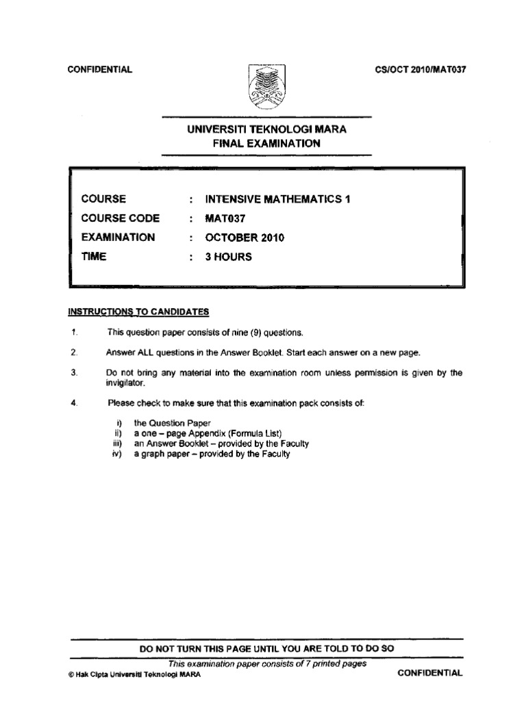 Mat037 Oct10 | PDF | Numbers | Integer