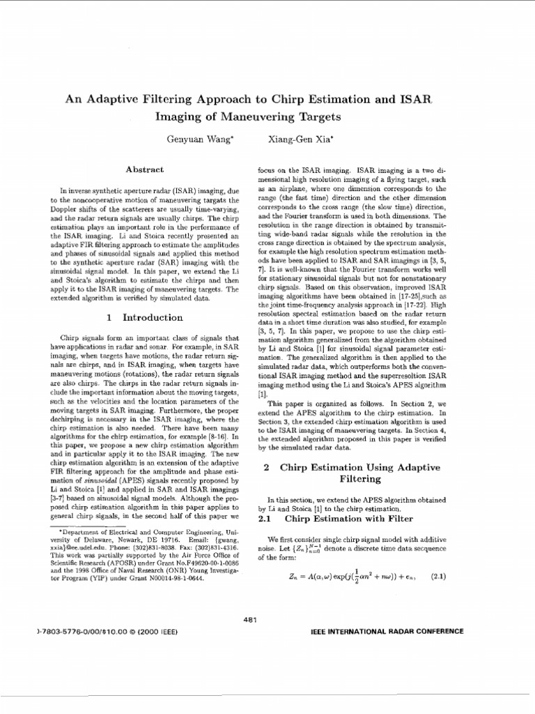 An Adaptive Filtering Approach To Chirp Estimation and ISAR Imaging of Maneuvering Targets | PDF ...