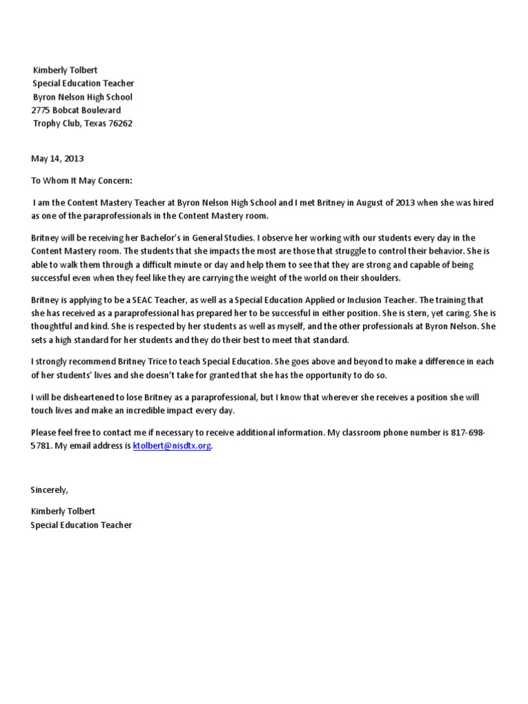 Letters of Recommendation | PDF | Special Education | Teachers