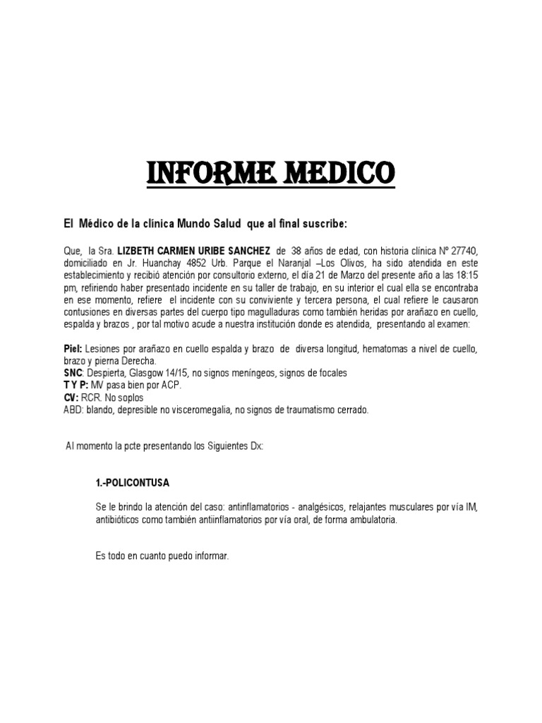 Informe Medico | PDF | Especialidades Medicas | Medicina