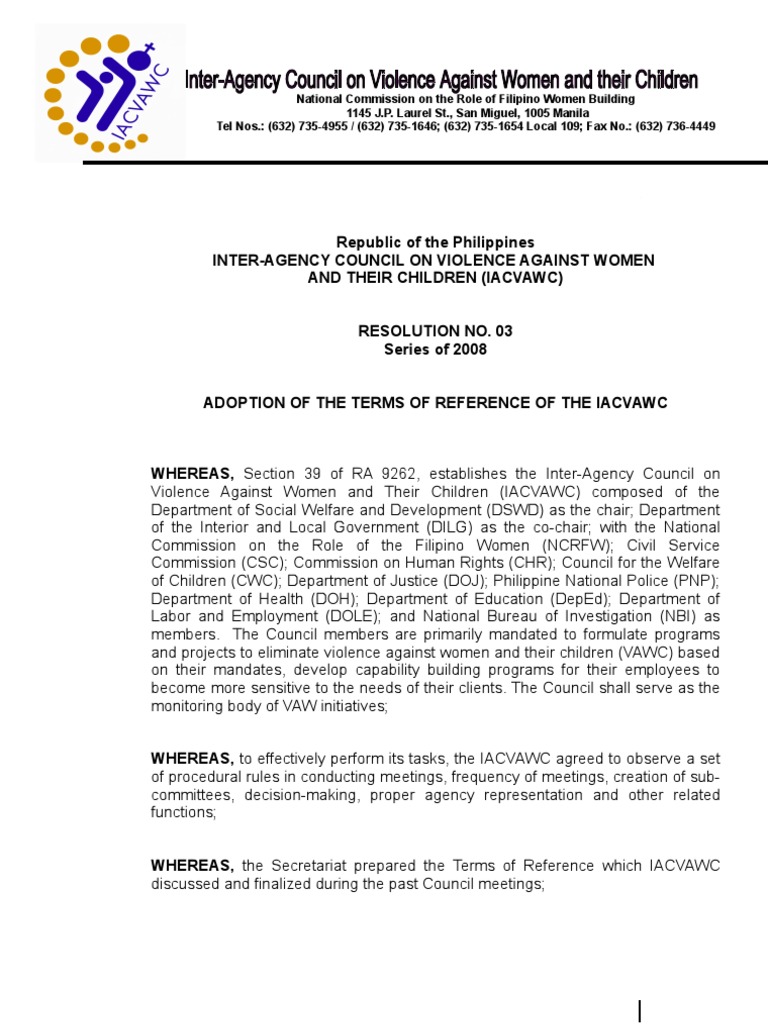 IACVAWC Resolution No. 3 - Adopting The IACVAWC TOR | PDF | Philippines ...
