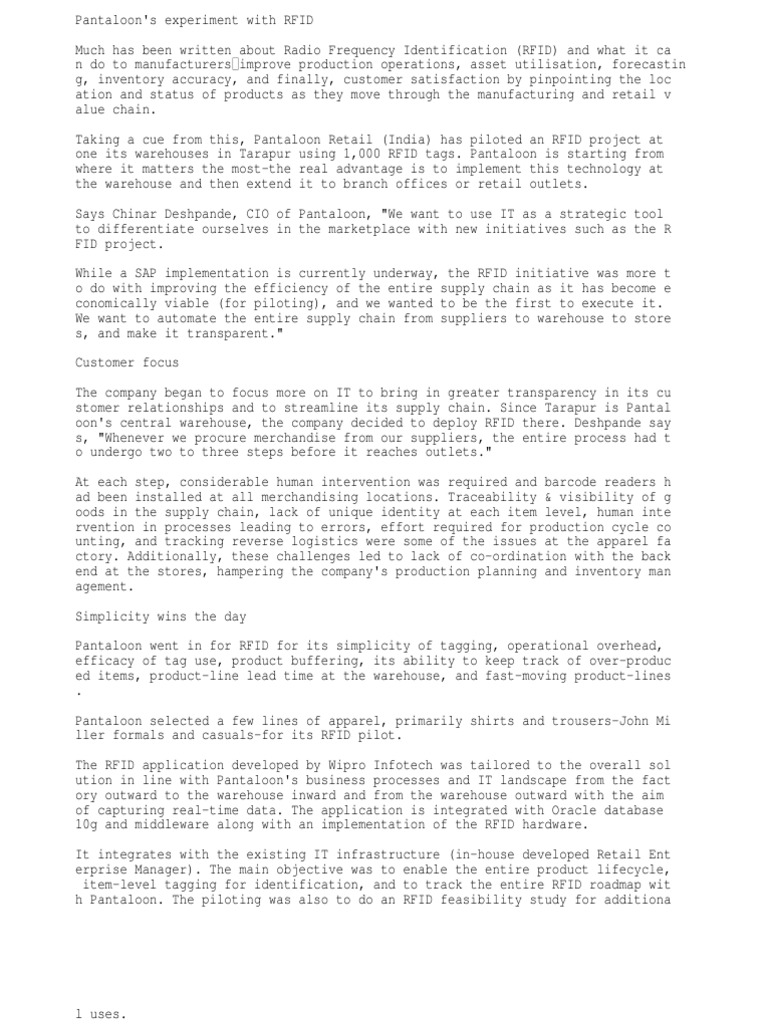Pantaloon's Experiment With RFID | PDF | Radio Frequency Identification ...