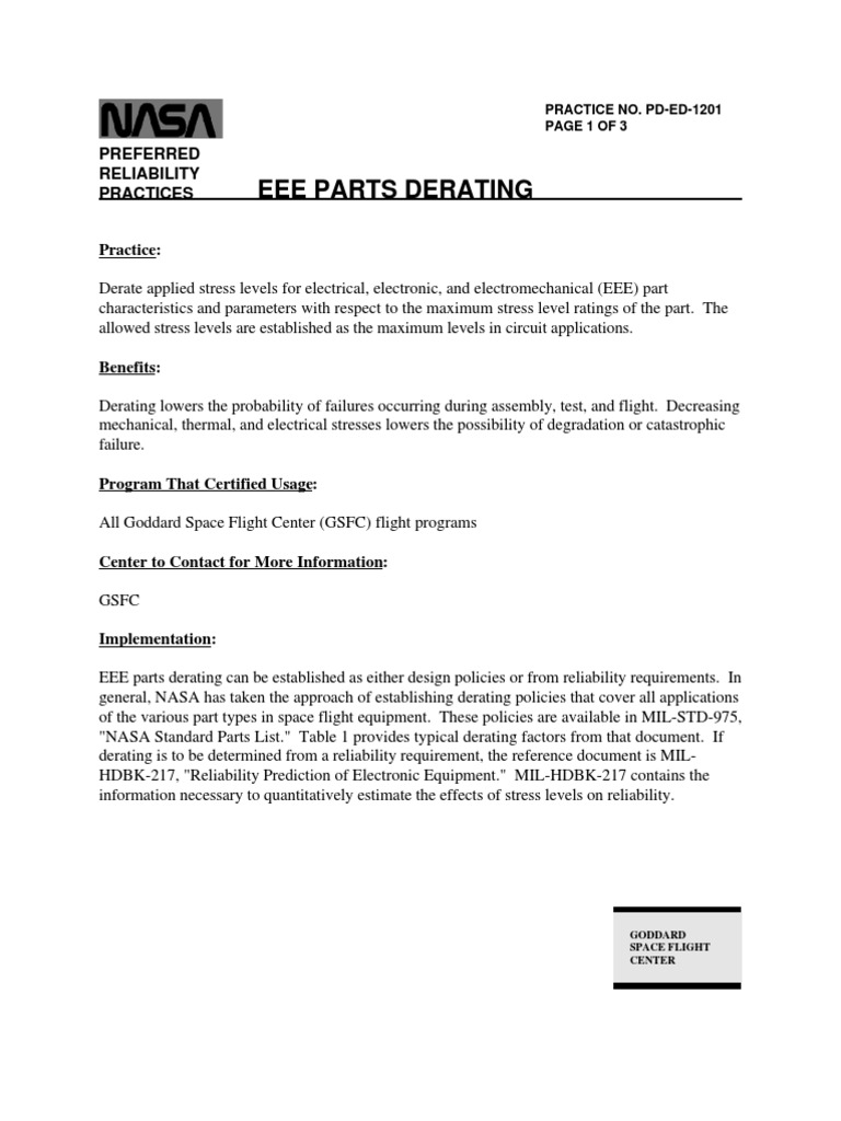 1 NASA EEE Parts Derating | PDF | Reliability Engineering | Electrical ...