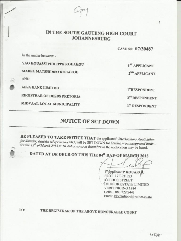 Notice of Set Down1 | PDF | Language Arts & Discipline | Home & Garden